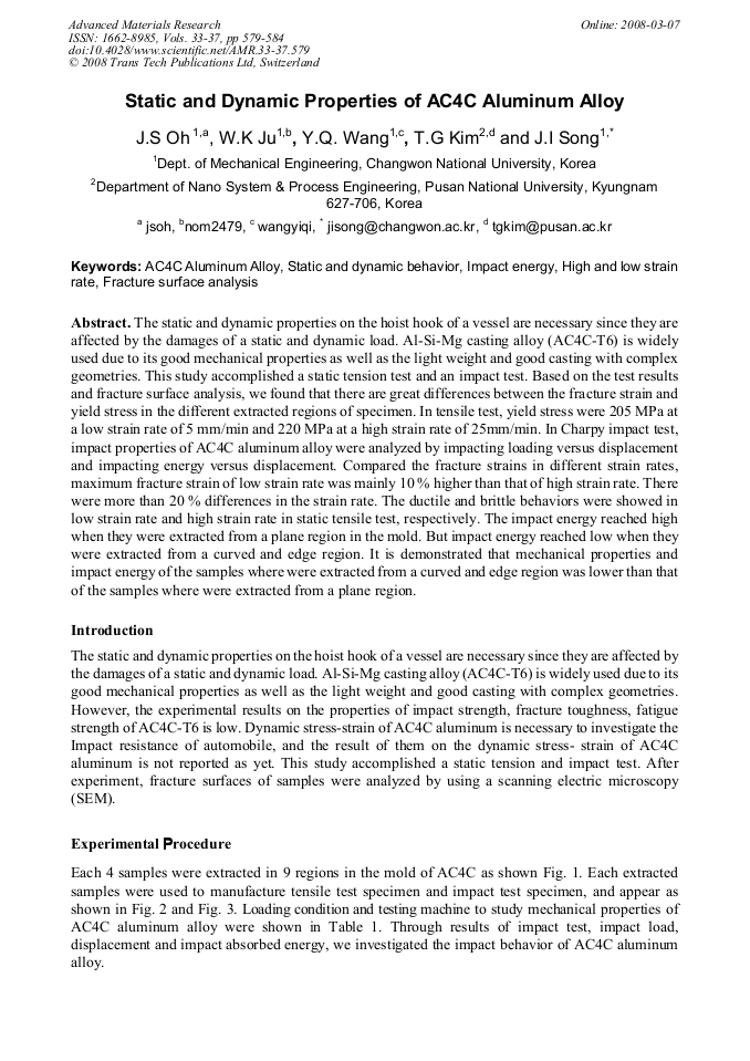 Static and Dynamic Properties of AC4C Aluminum Alloy | Scientific.Net