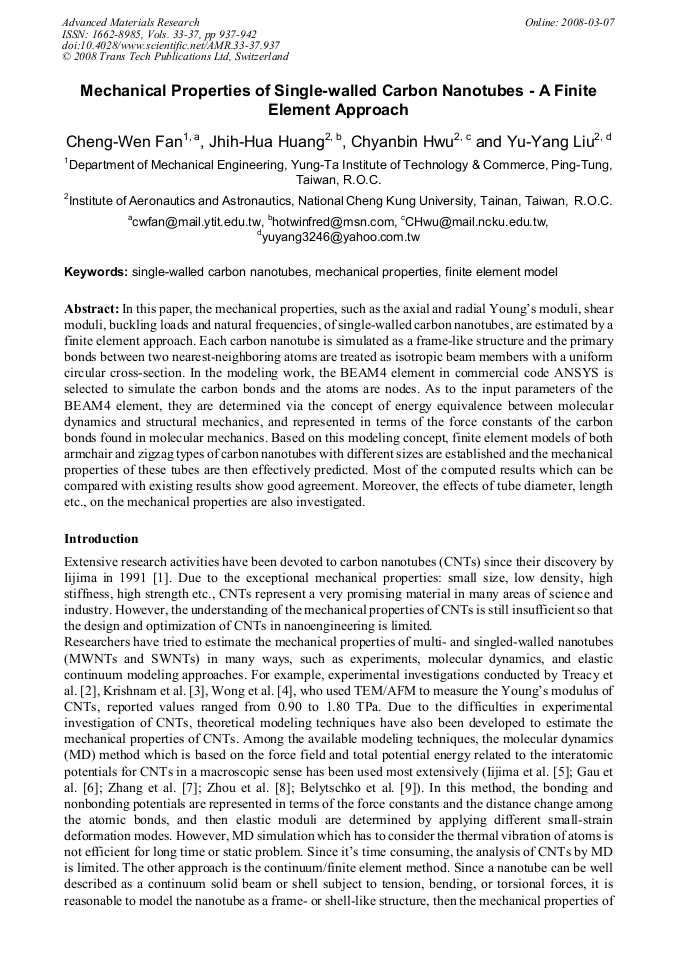 Mechanical Properties of Single-Walled Carbon Nanotubes - A Finite Element Approach | Scientific.Net