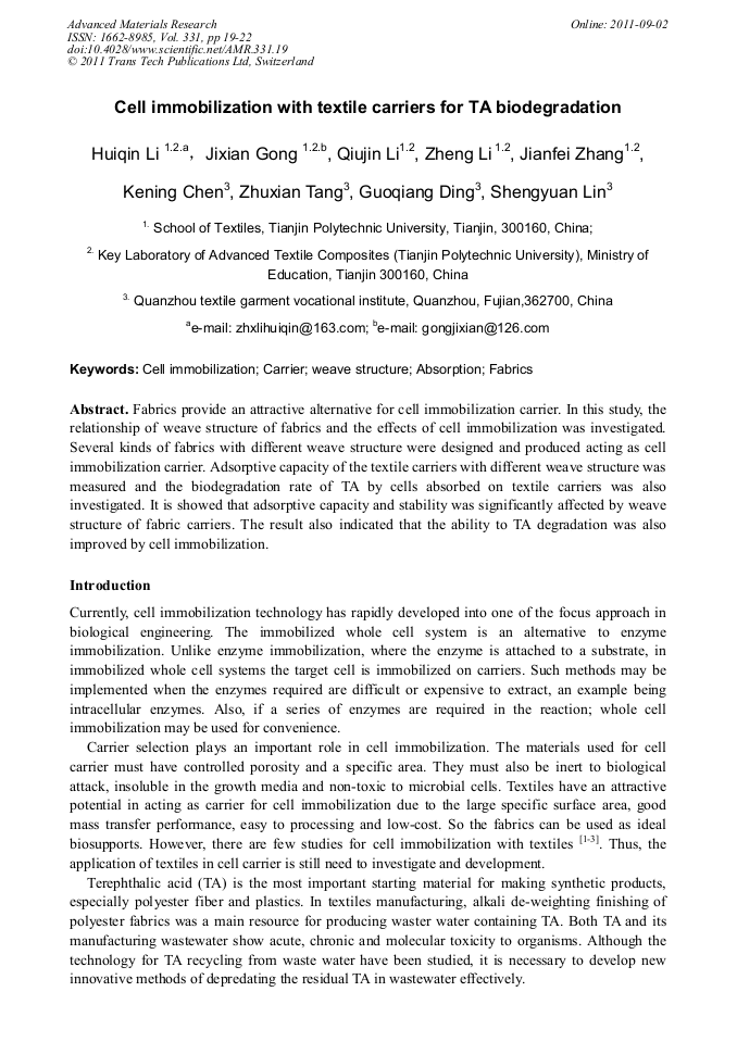 Cell Immobilization with Textile Carriers for TA Biodegradation ...