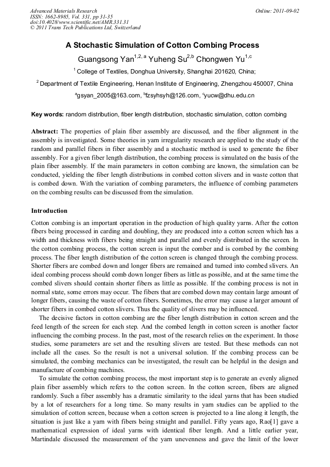 A Stochastic Simulation of Cotton Combing Process | Scientific.Net