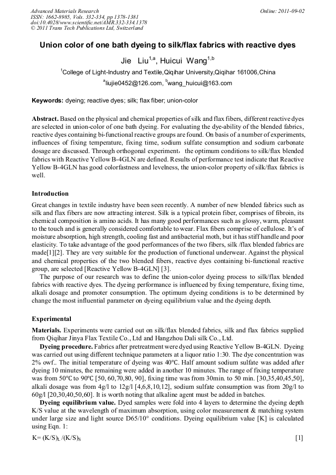 Union Color of one Bath Dyeing to Silk/Flax Fabrics with Reactive Dyes ...