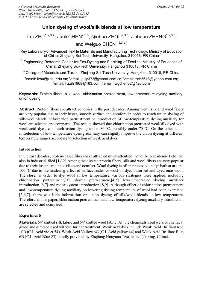 Union Dyeing of Wool/Silk Blends at Low Temperature | Scientific.Net