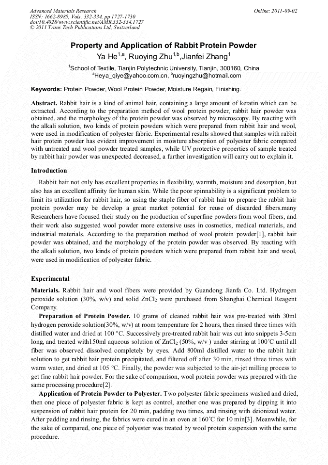 Property and Application of Rabbit Protein Powder | Scientific.Net