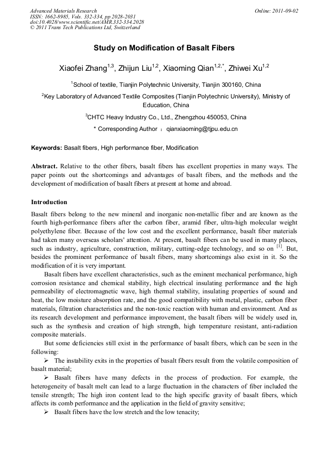Study on Modification of Basalt Fibers | Scientific.Net