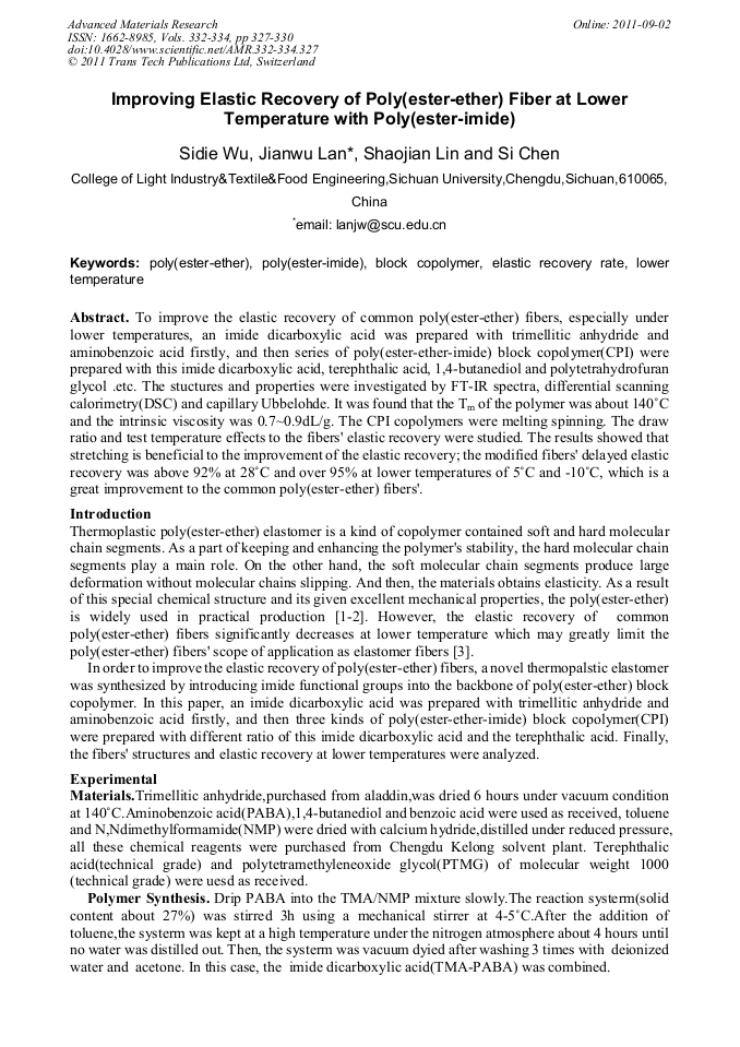 Improving Elastic Recovery of Poly( Ester-Ether) Fiber at Lower ...