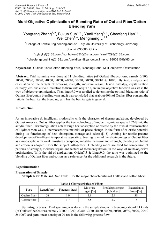 Multi-Objective Optimization of Blending Ratio of Outlast Fiber/Cotton ...