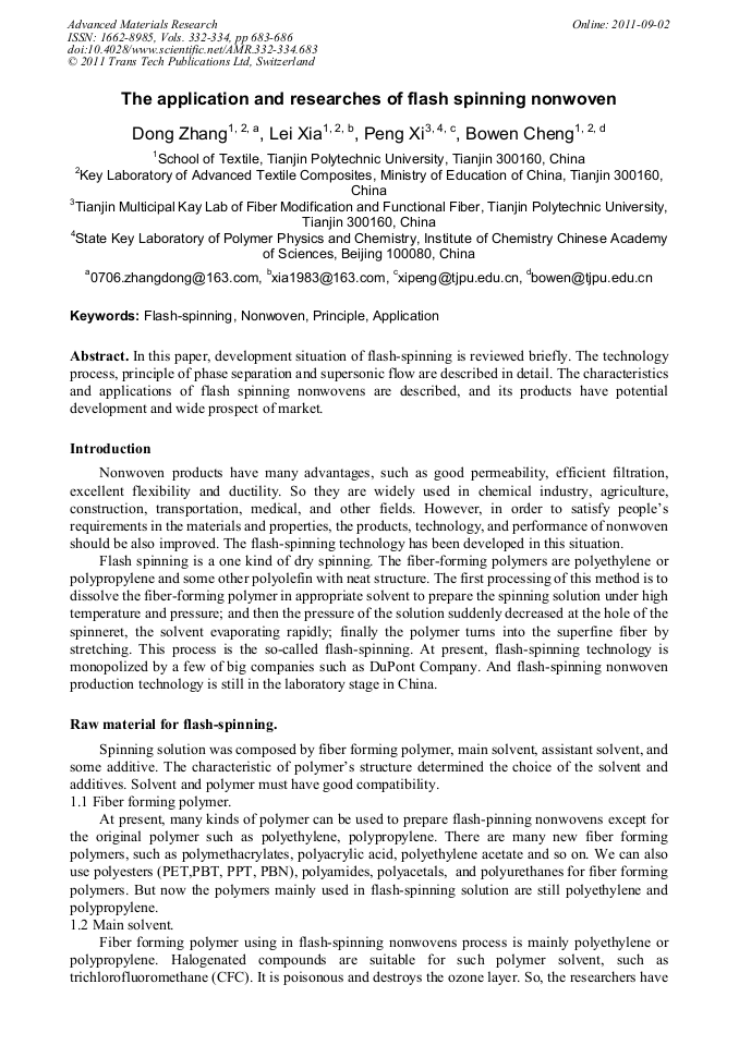 The Application and Researches of Flash Spinning Nonwoven | Scientific.Net