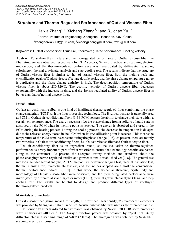 Structure and Thermo-Regulated Performance of Outlast Viscose Fiber ...