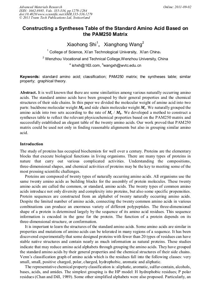 Constructing a Syntheses Table of the Standard Amino Acid Based on the ...