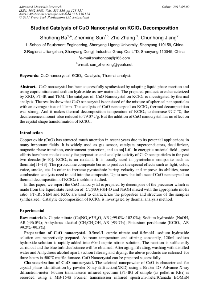 Studied Catalysis of CuO Nanocrystal on KClO4 Decomposition ...