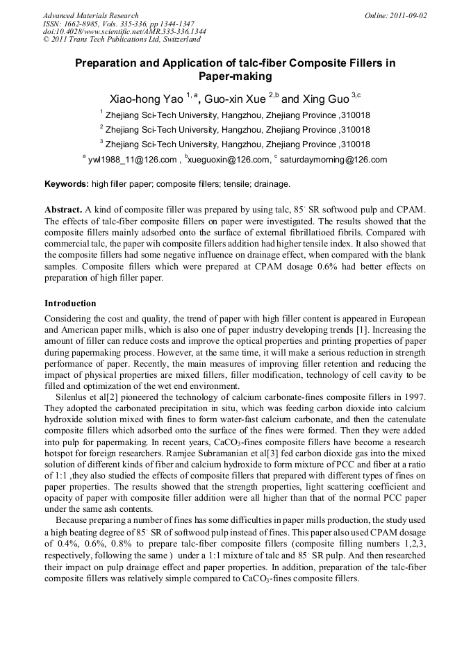 Preparation and Application of Talc-Fiber Composite Fillers in Paper ...