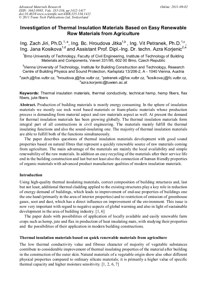 Investigation of Thermal Insulation Materials Based on Easy Renewable ...