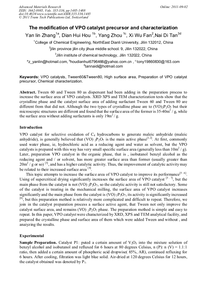 The Modification of VPO Catalyst Precursor and Characterization ...