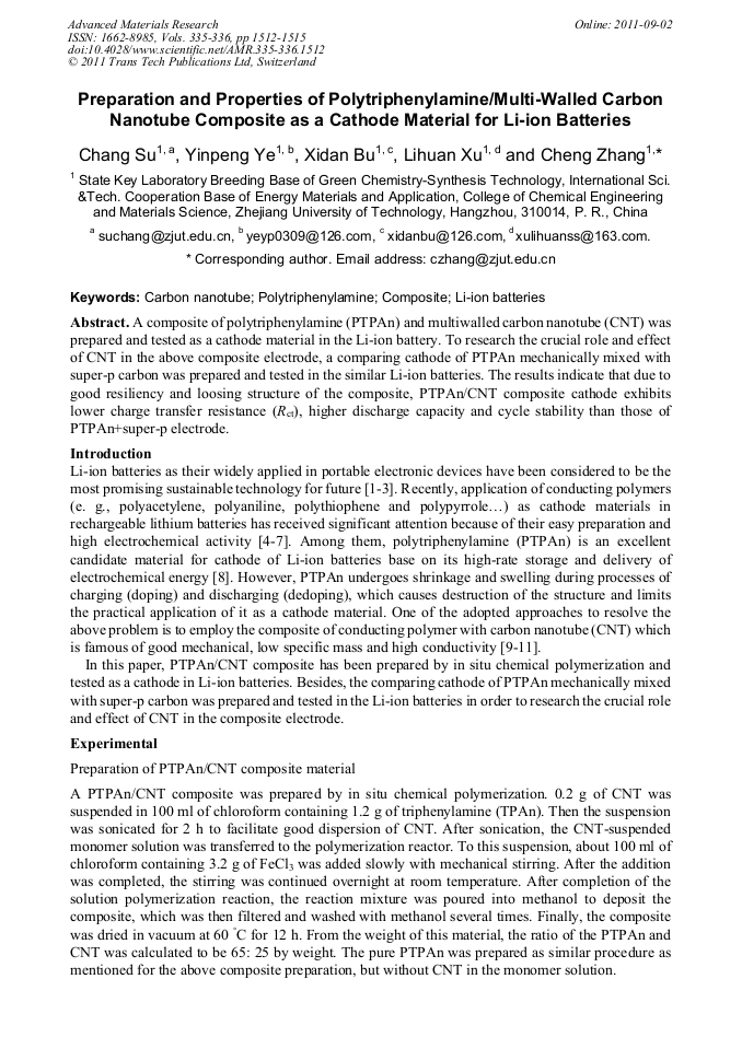 Preparation and Properties of Polytriphenylamine/Multi-Walled Carbon ...