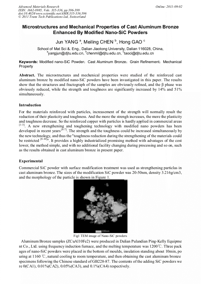 Microstructures and Mechanical Properties of Cast Aluminum Bronze ...
