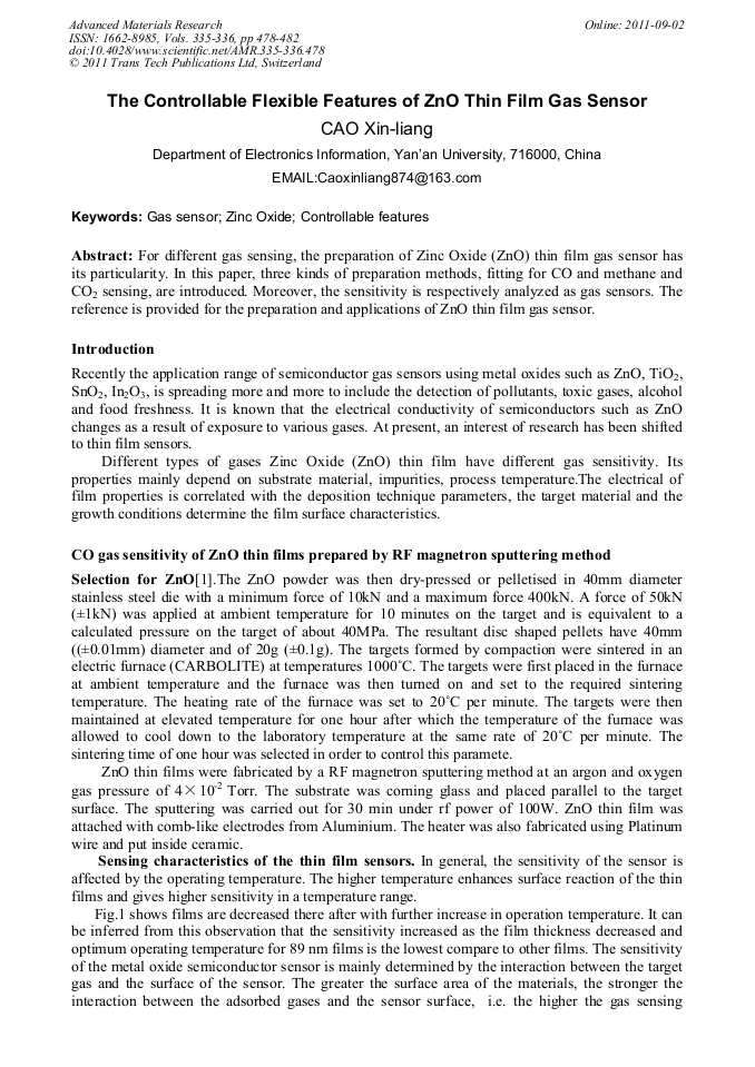The Controllable Flexible Features of ZnO Thin Film Gas Sensor ...