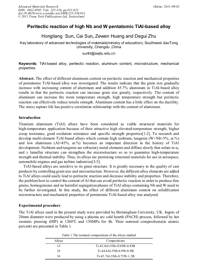 Peritectic Reaction of High Nb and W Pentatomic TiAl-Based Alloy ...