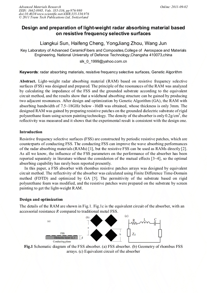 Design and Preparation of Light-Weight Radar Absorbing Material Based ...