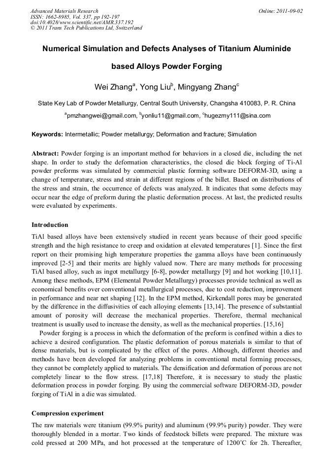 Numerical Simulation and Defects Analyses of Titanium Aluminide Based ...