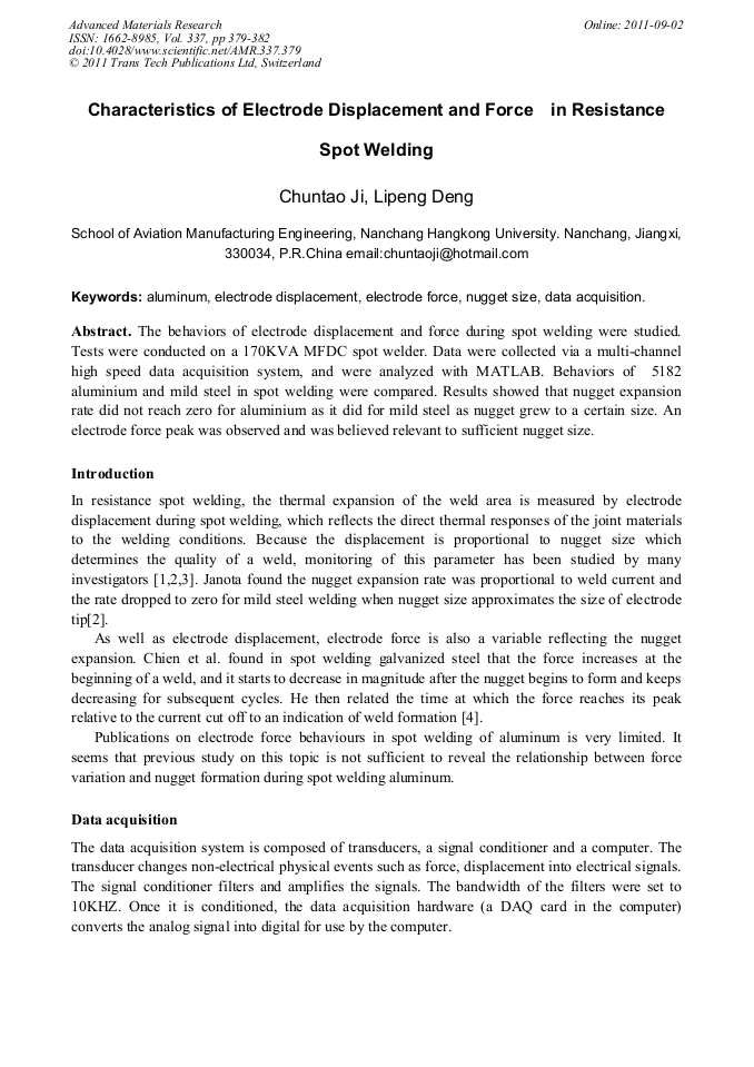 Characteristics of Electrode Displacement and Force in Resistance Spot ...