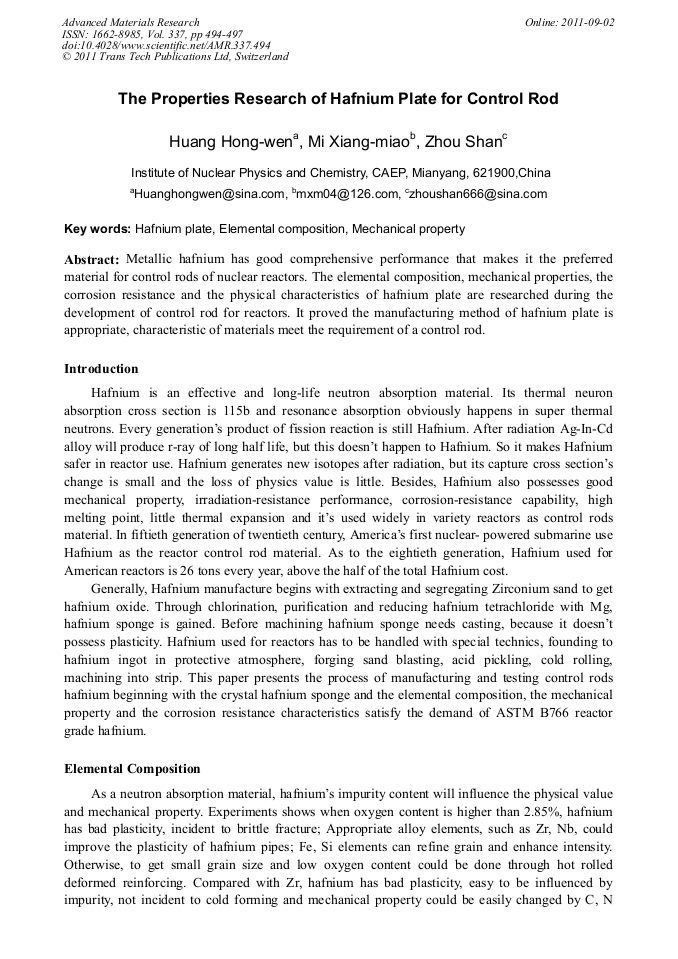The Properties Research of Hafnium Plate for Control Rod | Scientific.Net