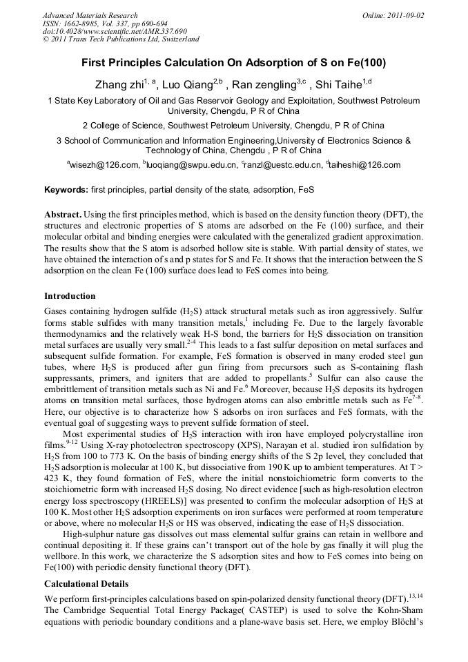 First Principles Calculation on Adsorption of S on Fe(100) | Scientific.Net
