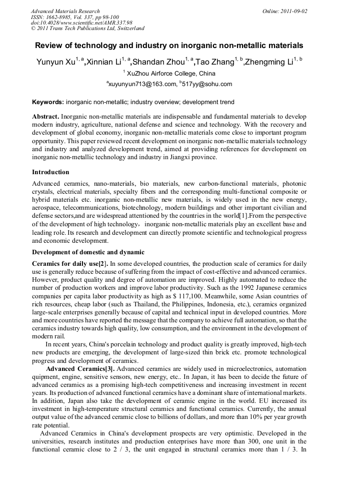 Review of Technology and Industry on Inorganic Non-Metallic Materials ...