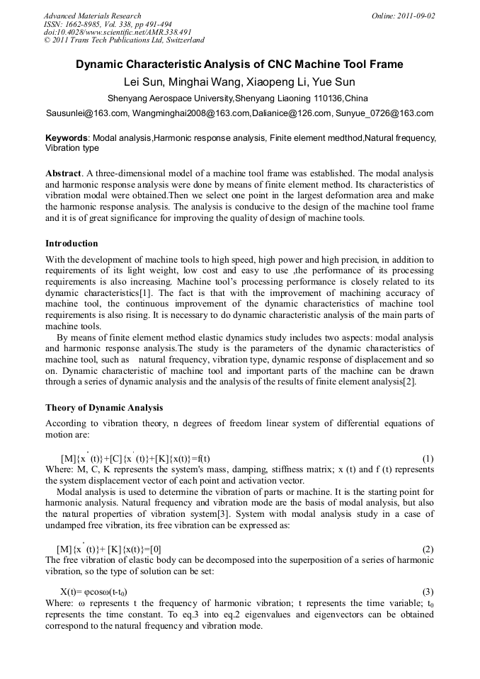 Dynamic Characteristic Analysis of CNC Machine Tool Frame | Scientific.Net