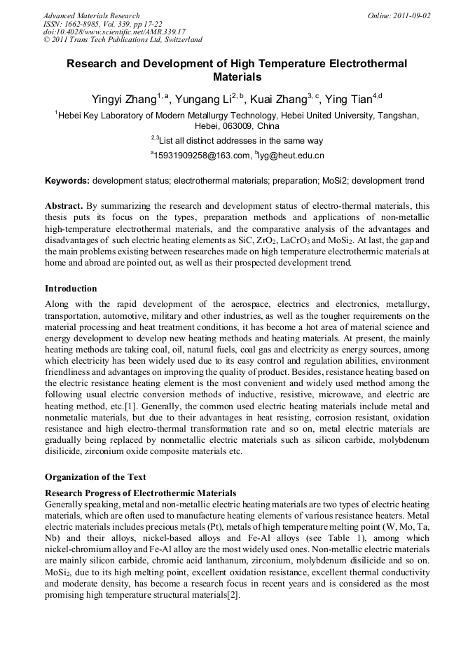 Research and Development of High Temperature Electrothermal Materials ...