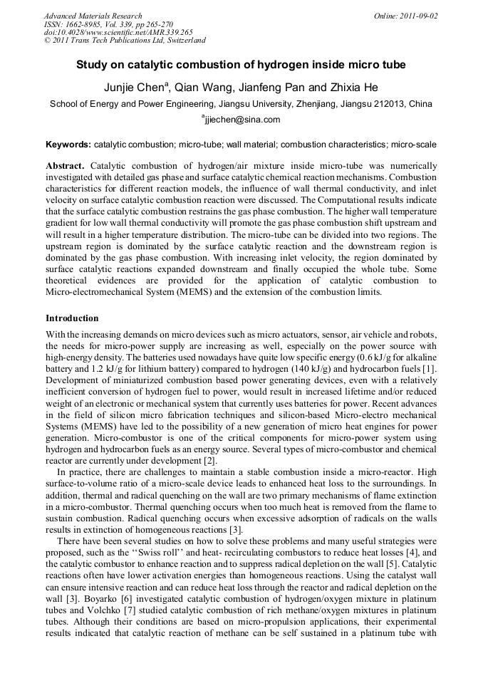 Study on Catalytic Combustion of Hydrogen inside Micro Tube ...
