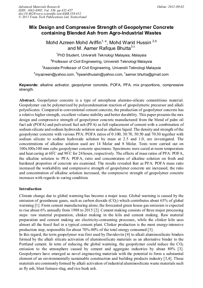 Mix Design and Compressive Strength of Geopolymer Concrete Containing ...