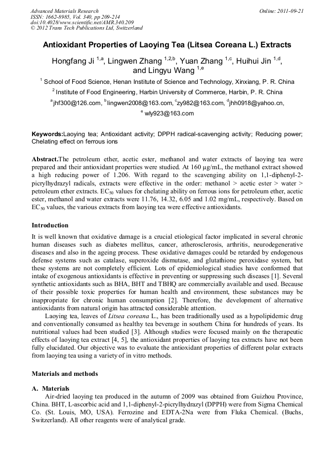 Antioxidant Properties of Laoying Tea (Litsea Coreana L.) Extracts ...