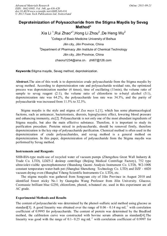 Deproteinization of Polysaccharide from the Stigma Maydis by Sevag ...