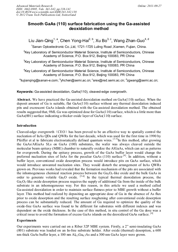 Smooth GaAs (110) Surface Fabrication Using the Ga-Assisted Deoxidation ...