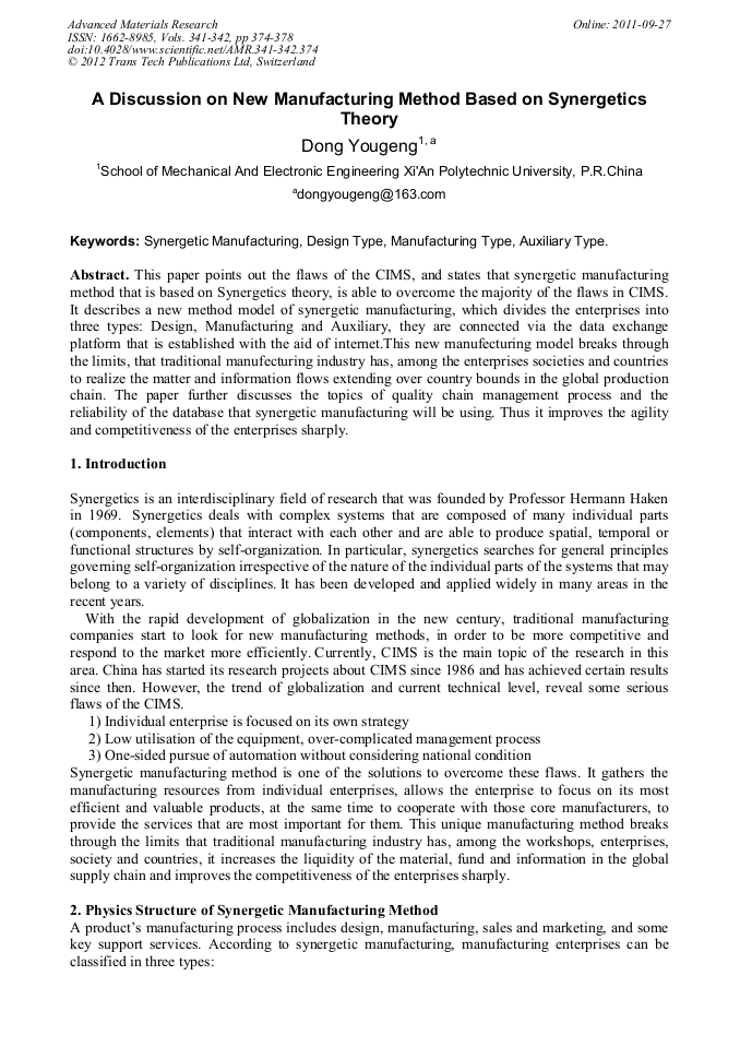 A Discussion on New Manufacturing Method Based on Synergetics Theory ...