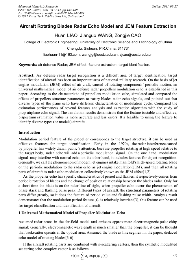 Aircraft Rotating Blades Radar Echo Model and JEM Feature Extraction ...