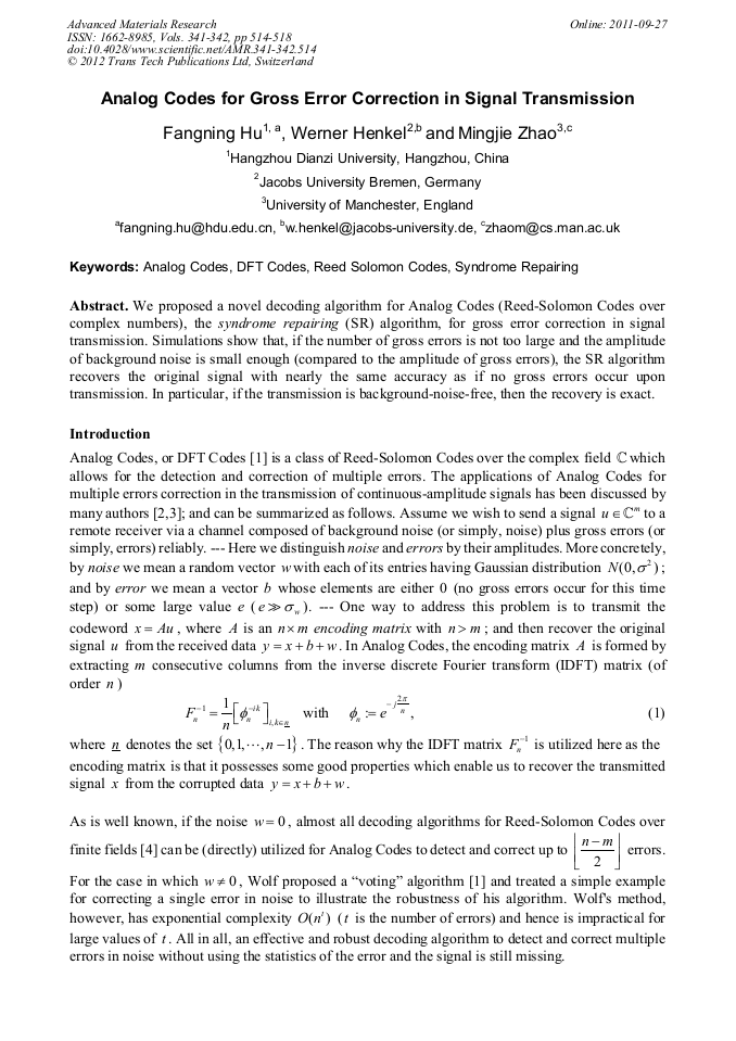 Analog Codes for Gross Error Correction in Signal Transmission ...