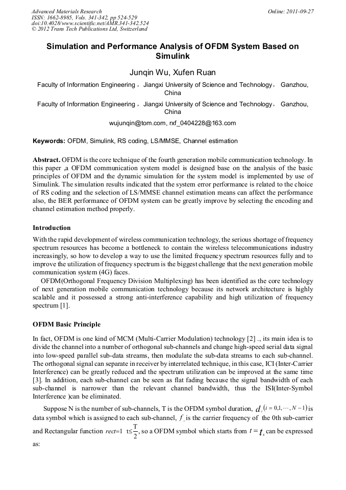 Simulation and Performance Analysis of OFDM System Based on Simulink | Scientific.Net