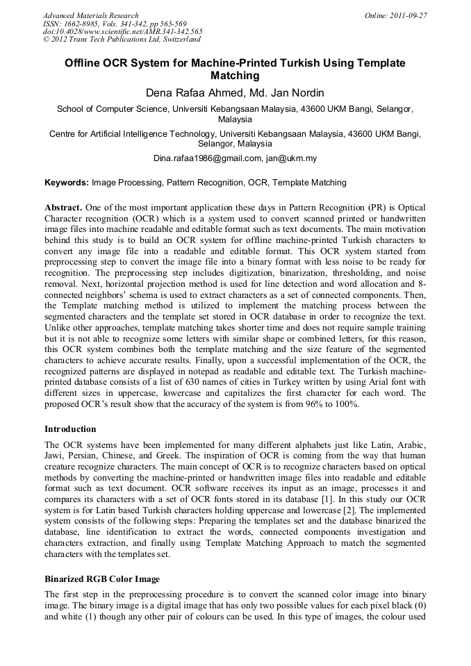 Offline OCR System for Machine-Printed Turkish Using Template Matching | Scientific.Net