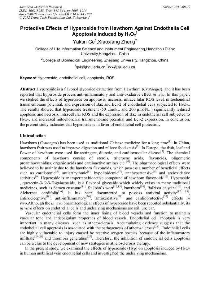 Protective Effects of Hyperoside from Hawthorn against Endothelia Cell ...