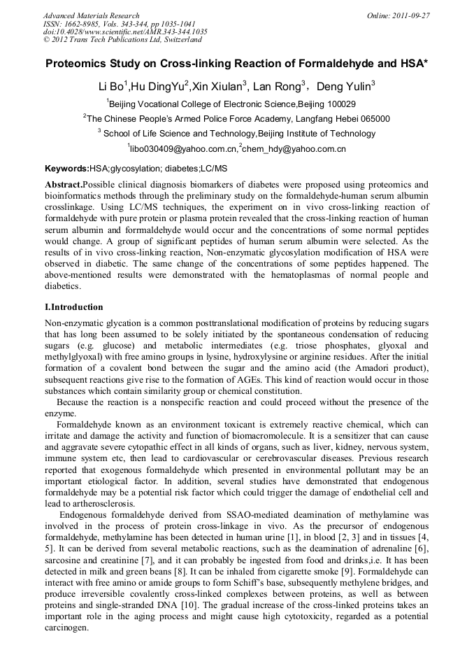 Proteomics Study on Cross-Linking Reaction of Formaldehyde and HSA ...