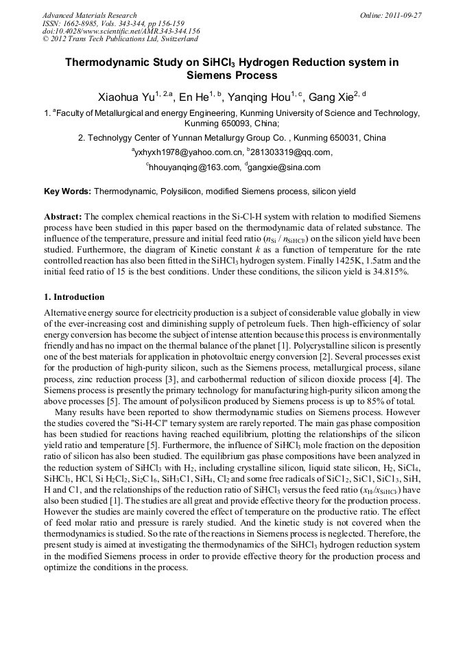 Thermodynamic Study on SiHCl3 Hydrogen Reduction System in Siemens ...