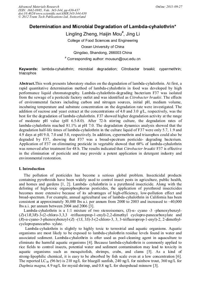 Determination and Microbial Degradation of Lambda-Cyhalothrin ...
