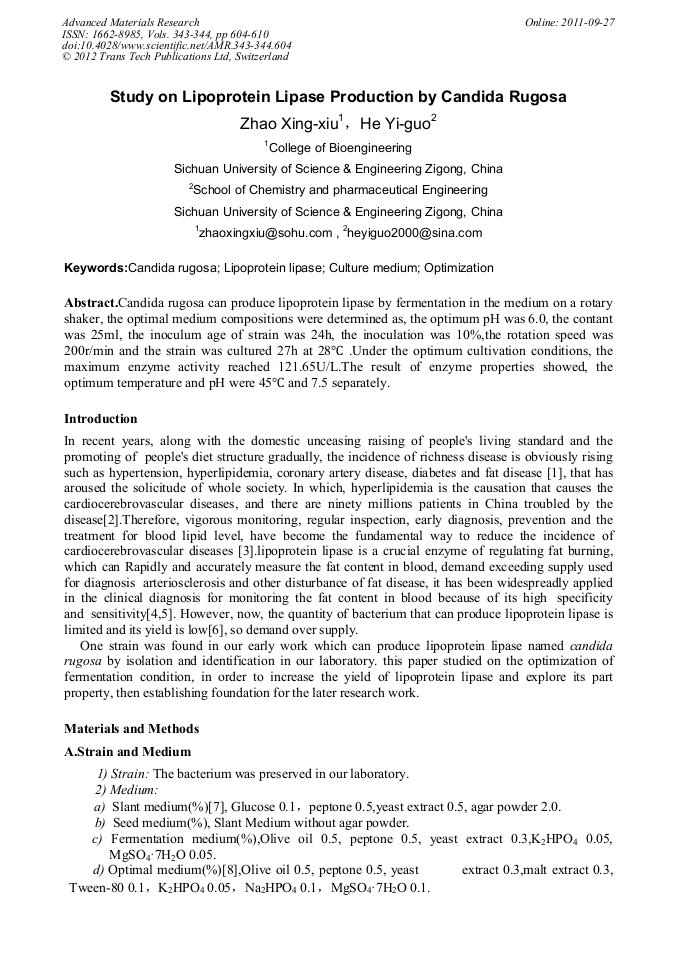 Study on Lipoprotein Lipase Production by Candida rugosa | Scientific.Net