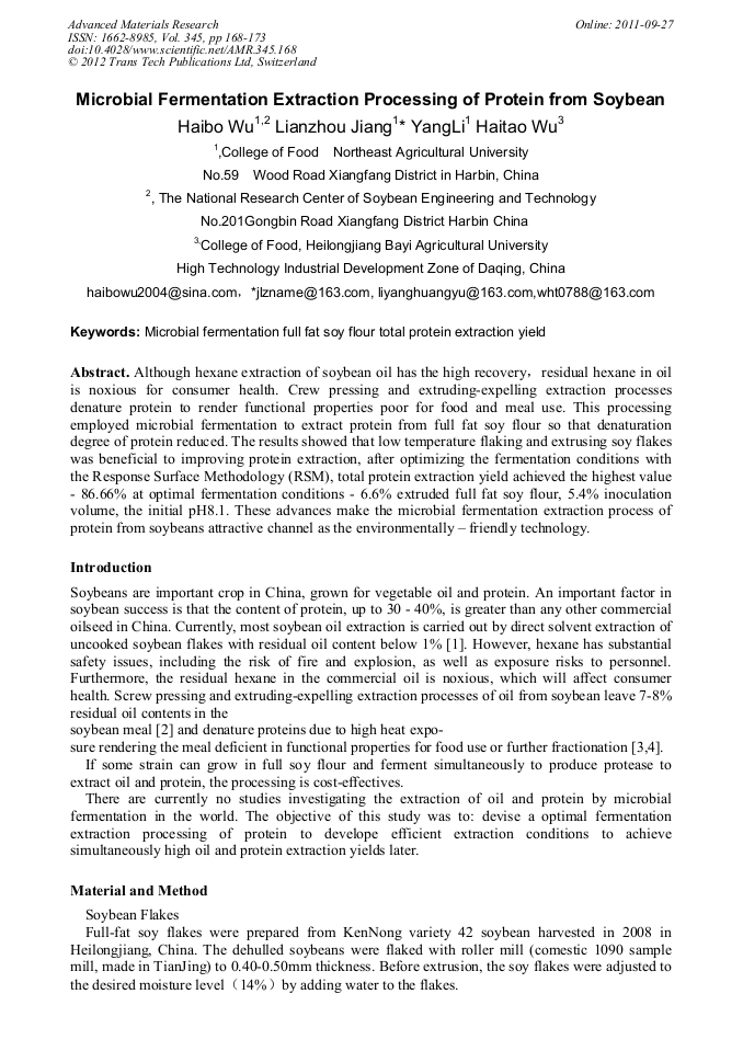Microbial Fermentation Extraction Processing of Protein from Soybean ...