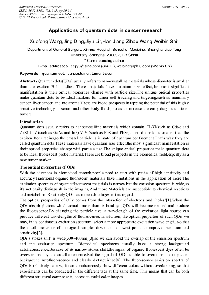 Applications of Quantum Dots in Cancer Research | Scientific.Net