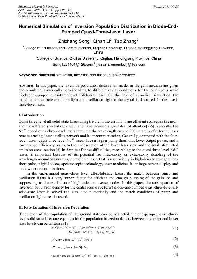 Numerical Simulation of Inversion Population Distribution in Diode-End ...