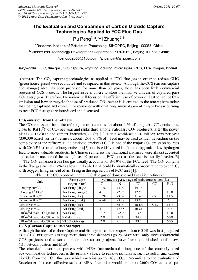 The Evaluation and Comparison of Carbon Dioxide Capture Technologies ...