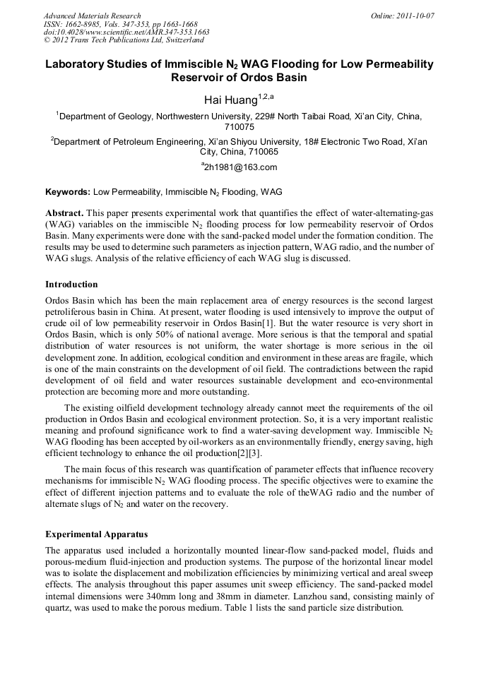 Laboratory Studies of Immiscible N2 WAG Flooding for Low Permeability ...