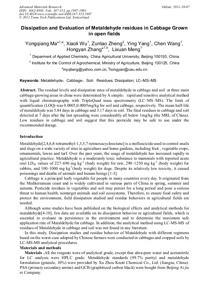 Dissipation and Evaluation of Metaldehyde Residues in Cabbage Grown in ...